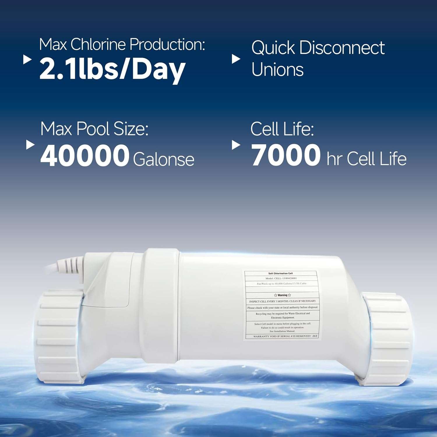 Salt Water Pool Chlorinator System, Salt Cell up to 40,000 Gallons